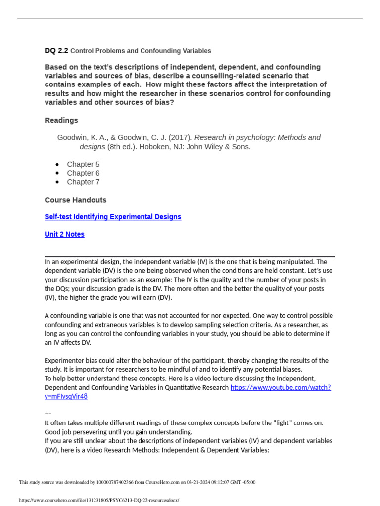 PSYC6213 DQ 2.2 Resources | PDF | Confounding | Experiment