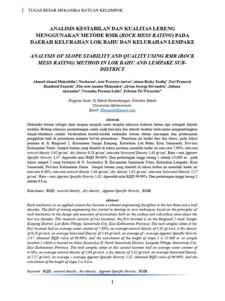 Analisis Kestabilan Lereng RMR di Samarinda | PDF | Sains & Matematika