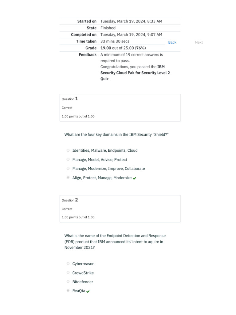 IBM Security Cloud Pak For Security Level 2 Quiz - Attempt Review | PDF ...