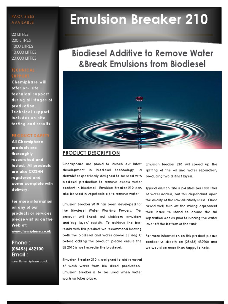 Emulsion Breaker 210 Product Sheet | PDF | Biodiesel | Personal ...