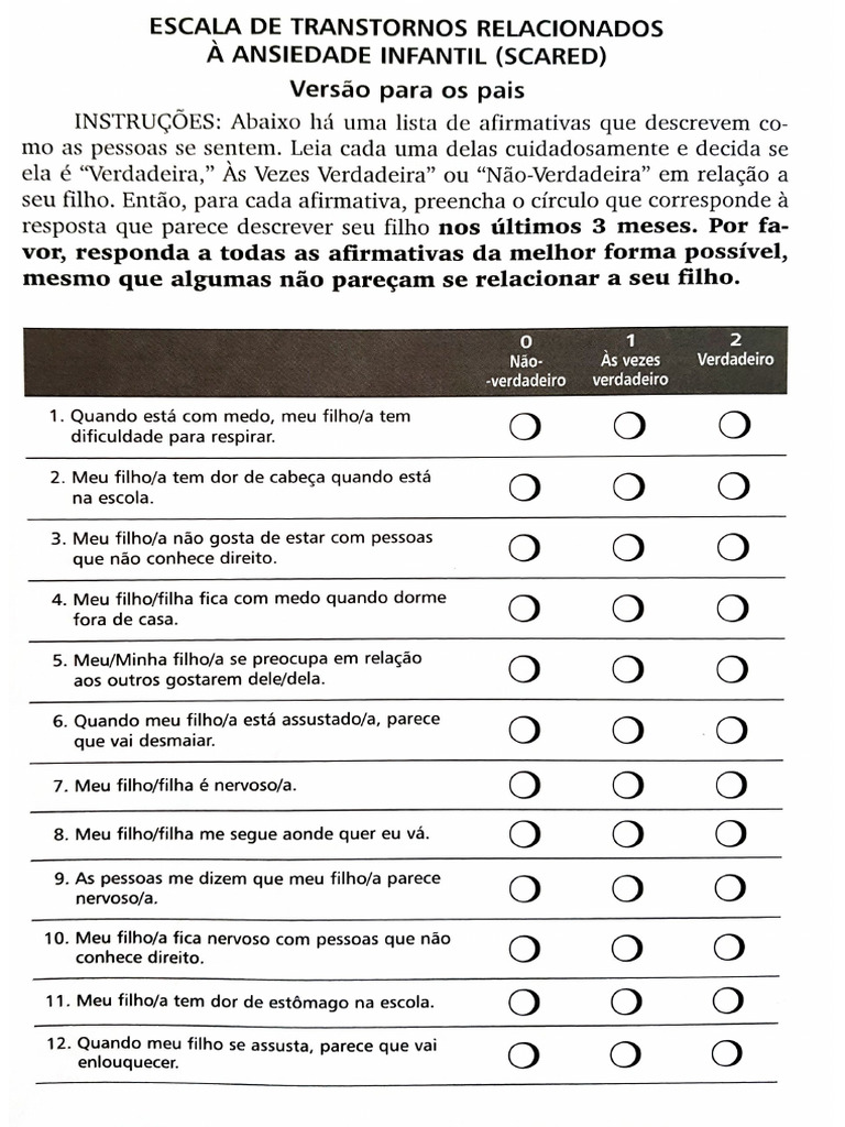 SCARED - Escala de Transtornos Relacionados à Ansiedade Infantil | PDF