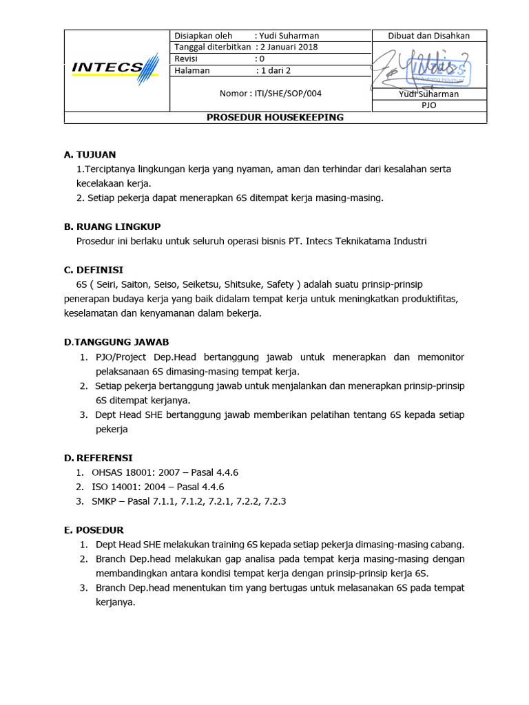 ITI SHE SOP 004 HouseKeeping Intecs | PDF