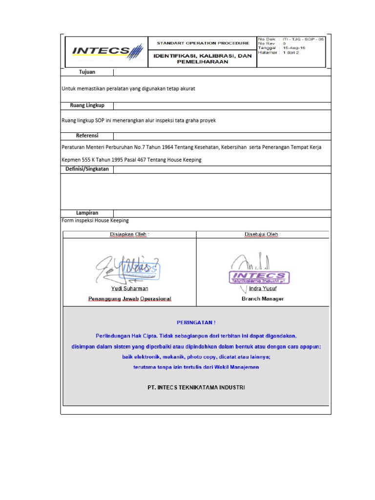 ITI SHE SOP 005 Identifikasi Kalibrasi Intecs | PDF