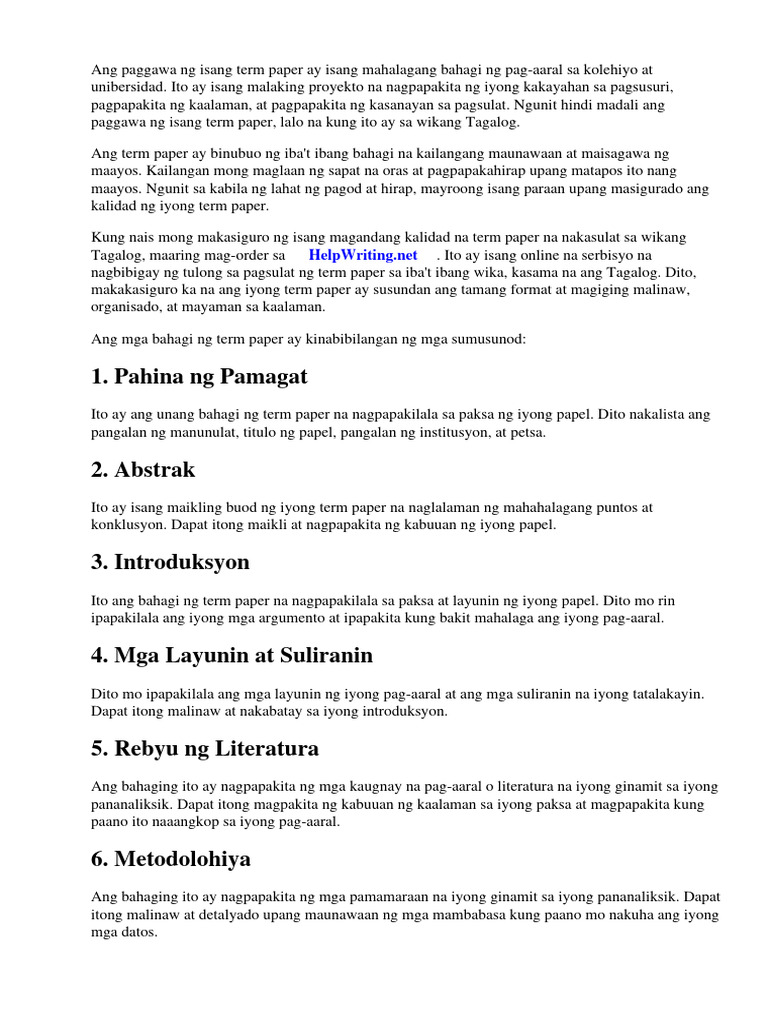 Mga Bahagi Ng Term Paper Tagalog | PDF