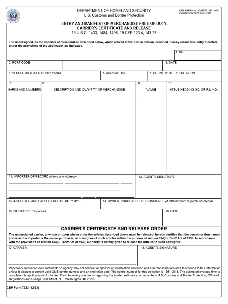 CBP Form 7523 | PDF | U.S. Customs And Border Protection | Customs
