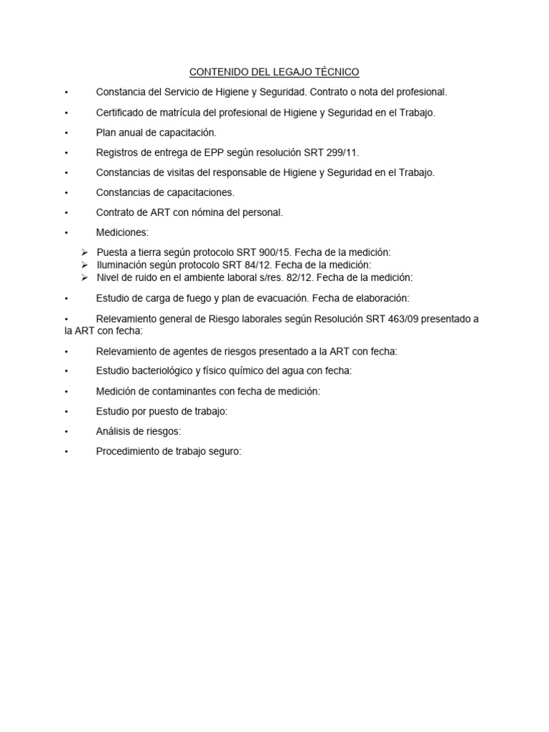 Contenido Del Legajo Técnico Seguridad en El Trabajo | PDF | Hogar, jardinería y bricolaje ...