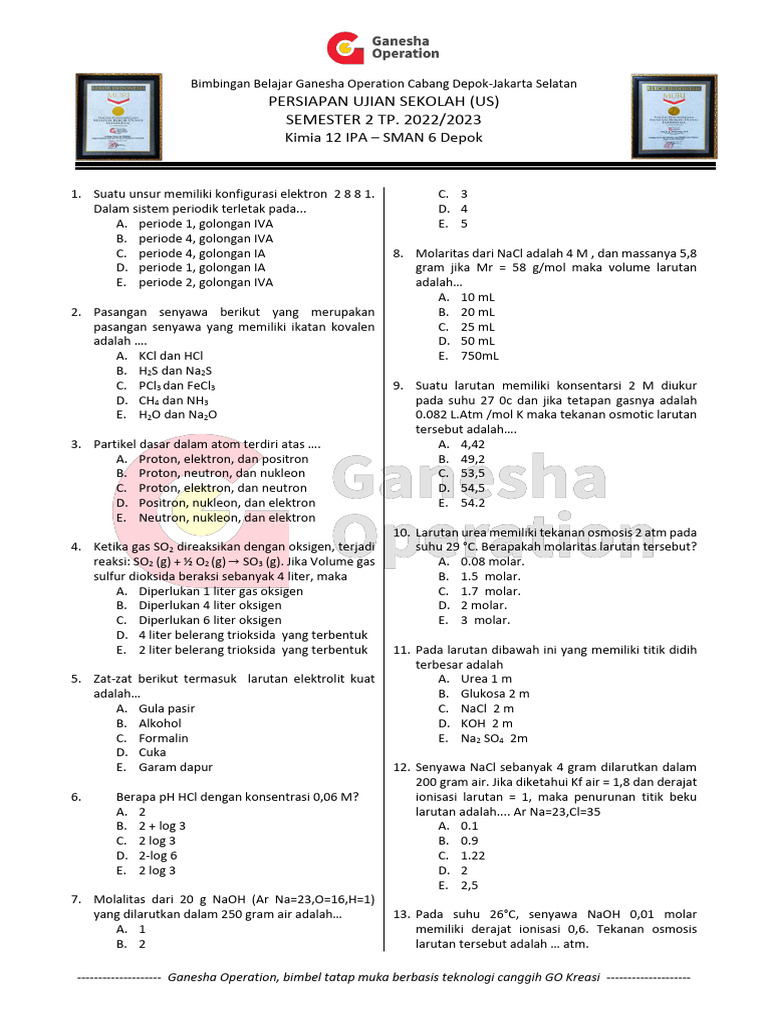 Soal Us Kimia Sman 6 DPK | PDF