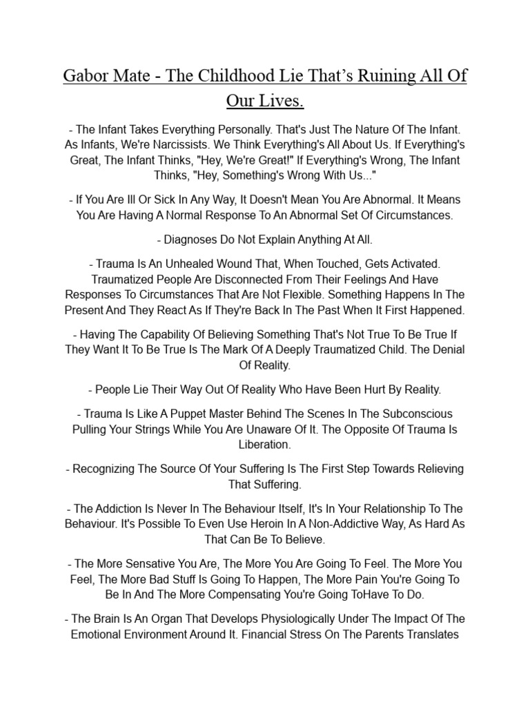 Gabor Mate - The Childhood Lie That's Ruining All of Our Lives. | PDF ...