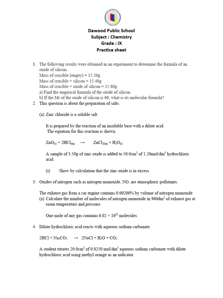 Practice Work Sheet of Moles | Download Free PDF | Acid | Oxide