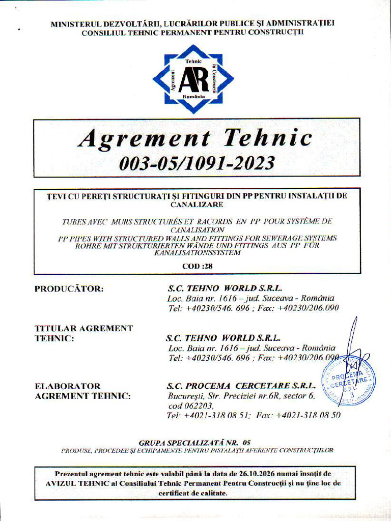 At 003 05 1091 TV Cu Pereti Structurati PP Tehnoworld | PDF