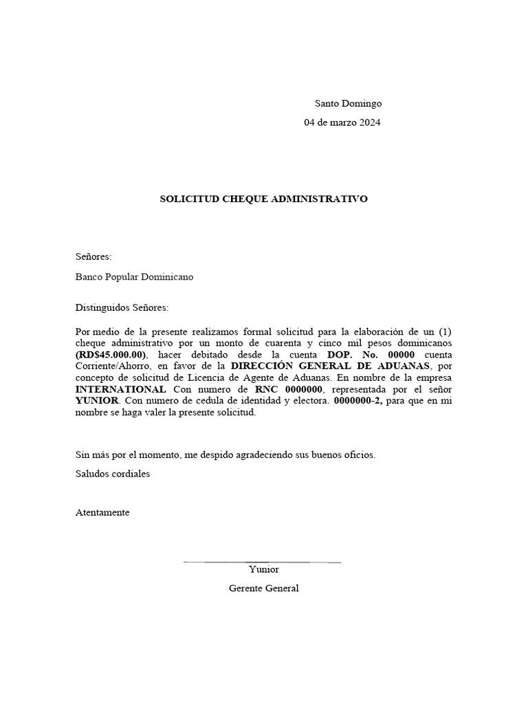 Carta Banco Popular Solicitud Cheque Administrativo | PDF