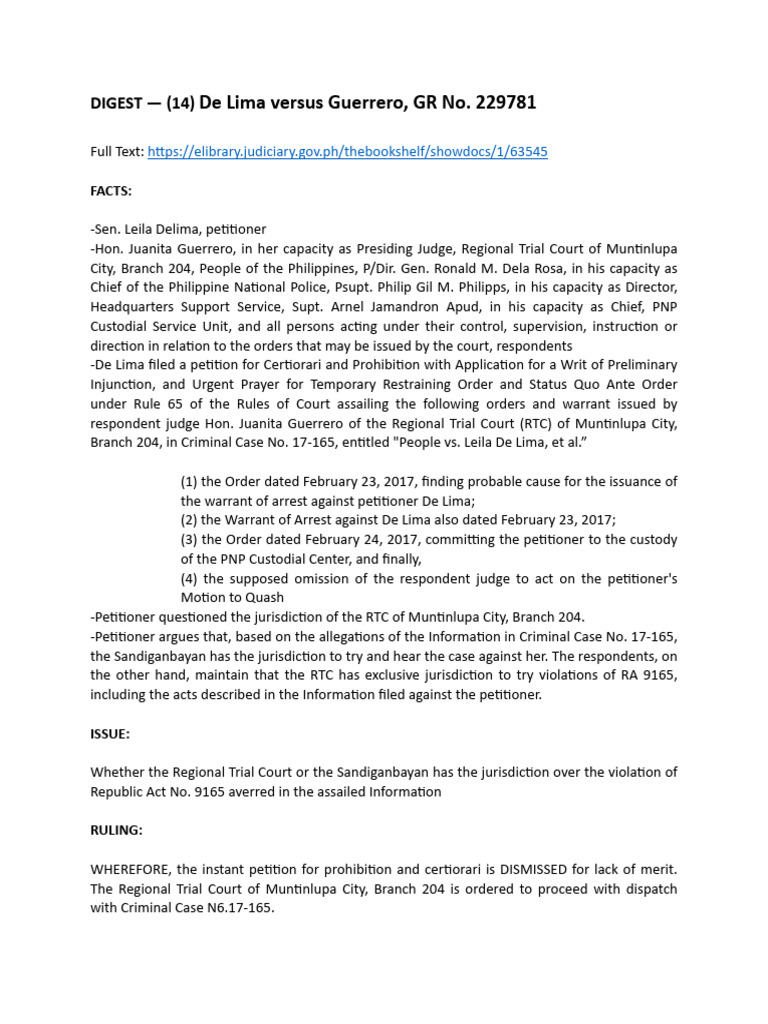De Lima v. Guerrero: Jurisdiction Ruling | PDF | Common Law | Public Law