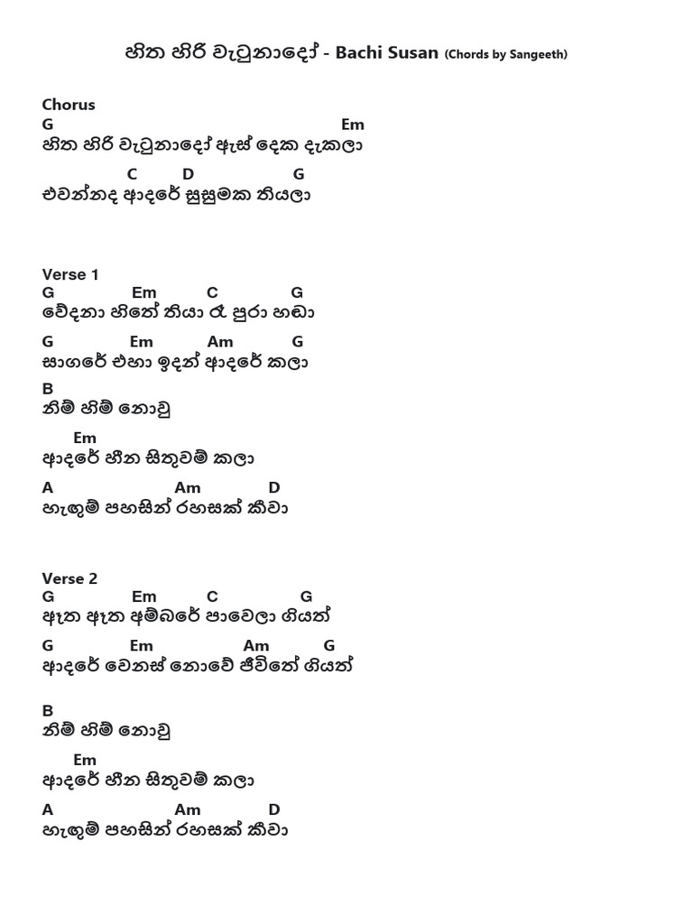 Hitha Hiri Watuna Chords by Sangeeth | PDF