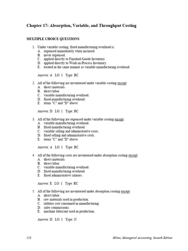 Chapter17.Absorption Variable and Throughput Costing Exercises | PDF | Cost Accounting | Inventory