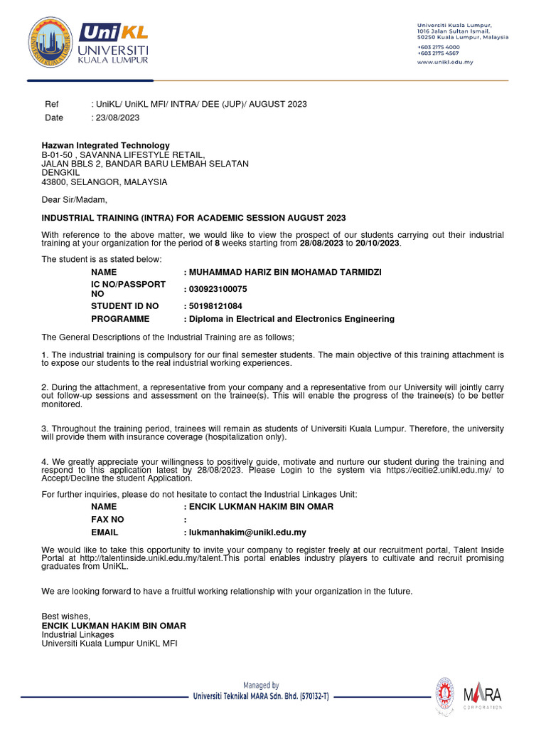Industrial Training Request for UniKL Student | PDF