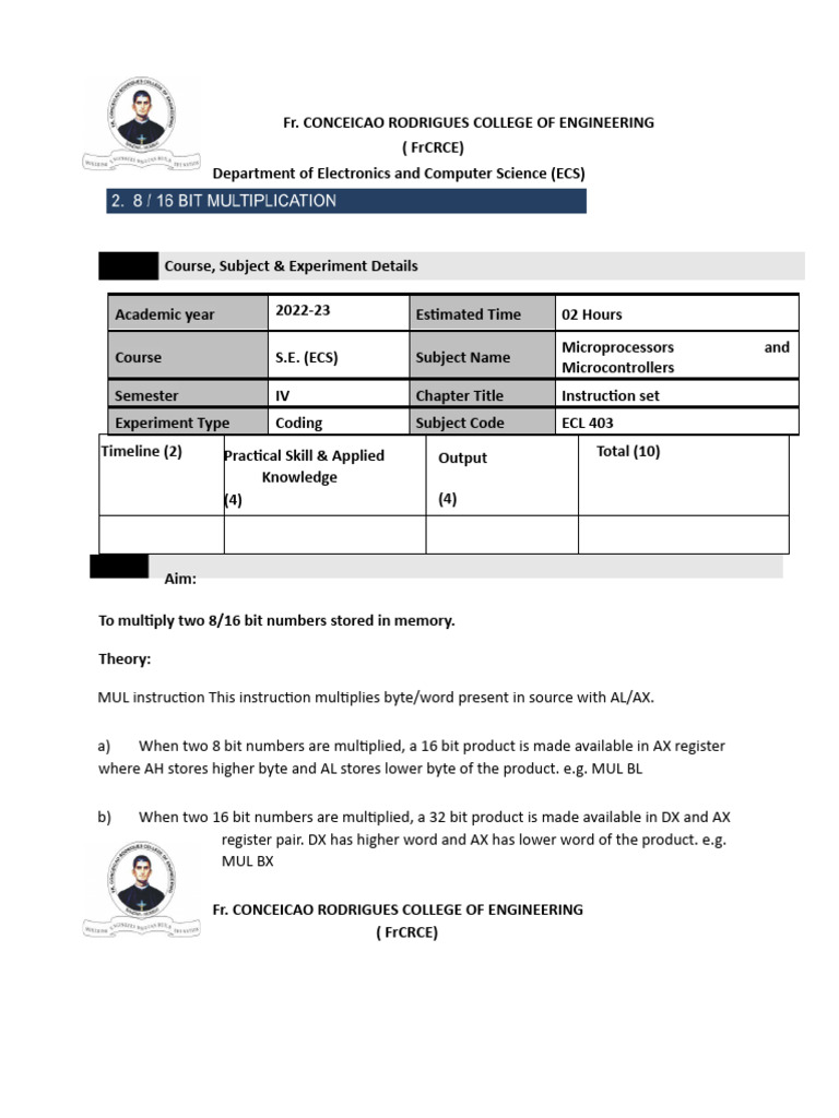 Microprocessor MUL Instruction Lab | PDF