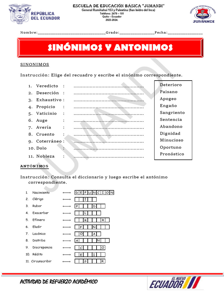 Ejemplos de Sinonimos y Antonimos para Sexto de Primaria | PDF