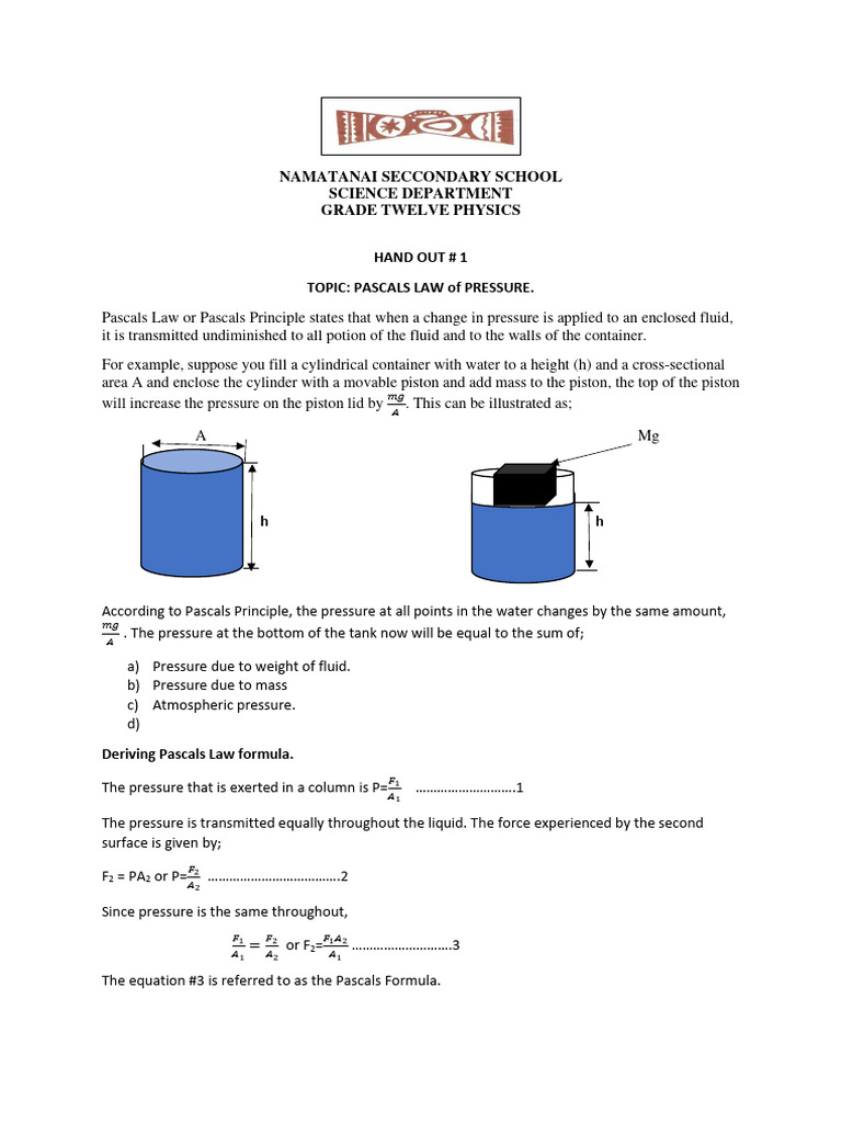 Lesson Notes - Pascals Law | PDF | Pressure | Liquids