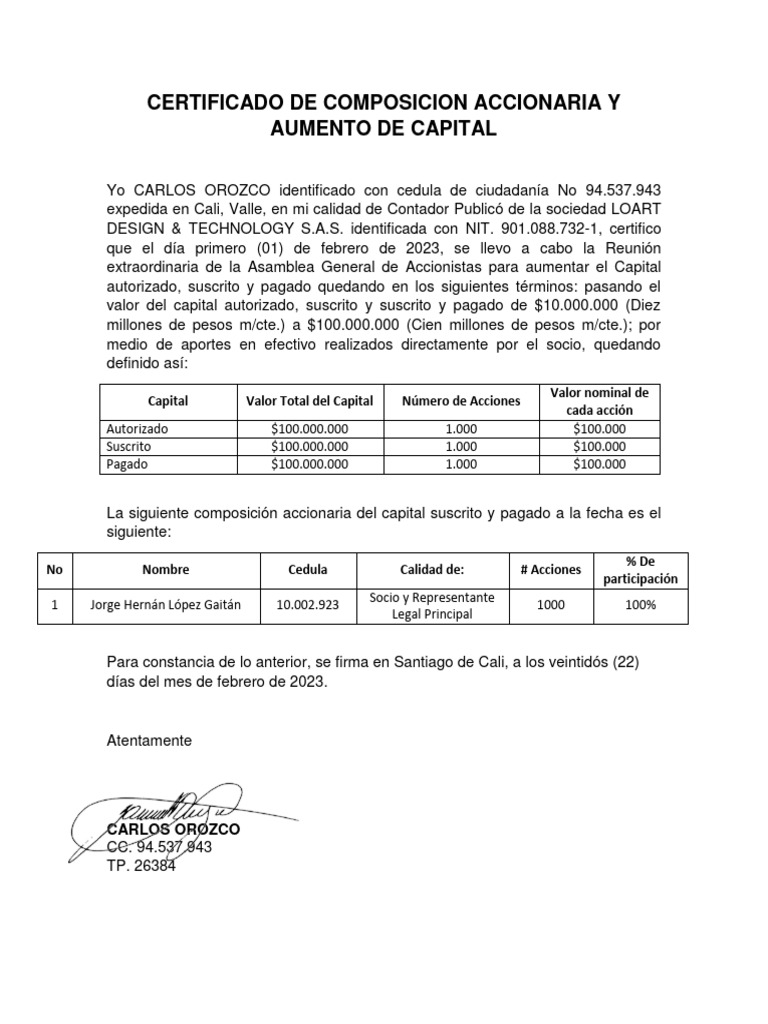 Certificado de Composicion Accionaria Loart | PDF