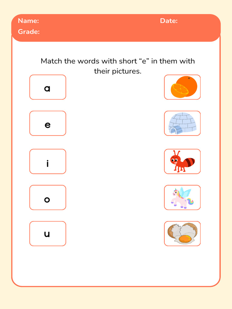 Matching Pictures and Words Worksheet in Orange and Black Simple Style ...