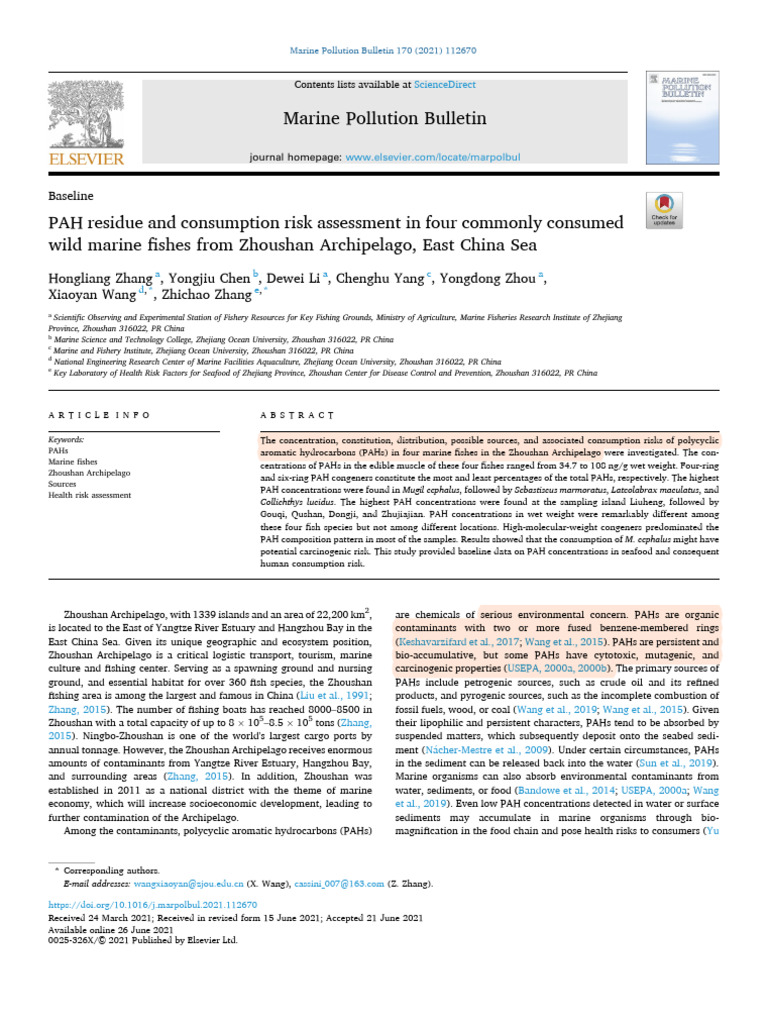 2021 ZHANG PAH Risk Assessment Fish China | PDF | Polycyclic Aromatic ...