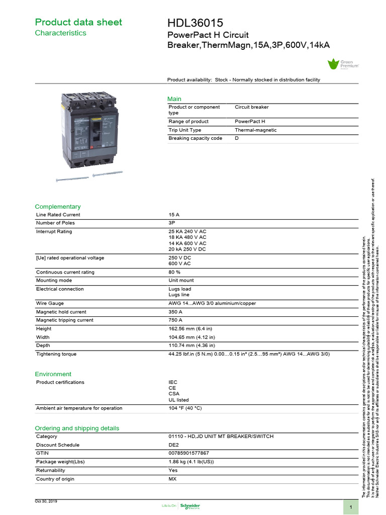 PowerPact H Circuit Breaker Specs | PDF | Electrical Equipment | Electrical Components