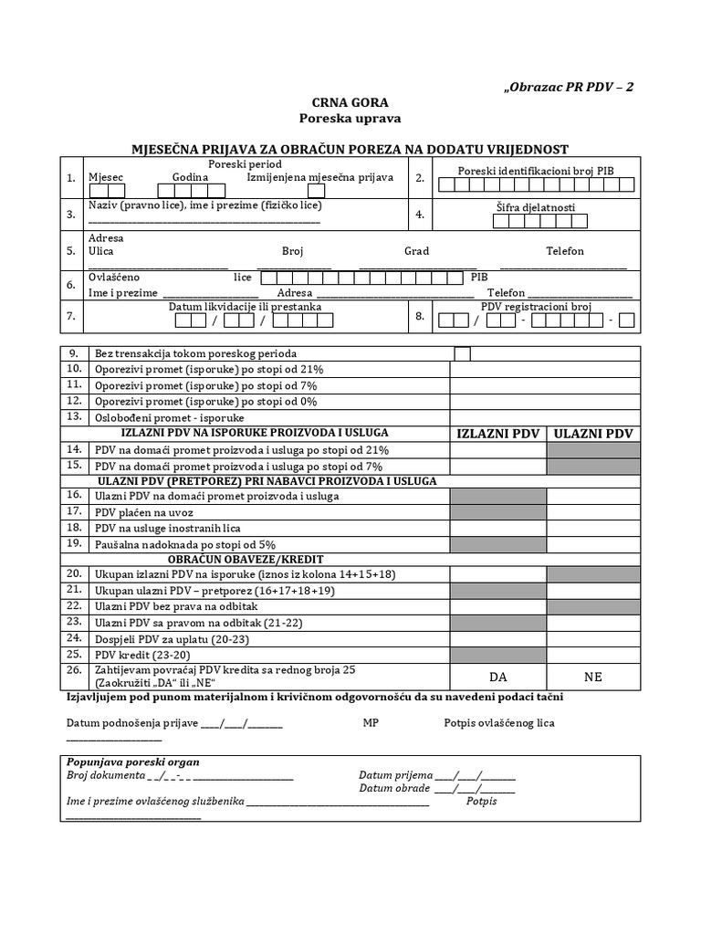 PDV obrazac Crna Gora BLANKO | PDF