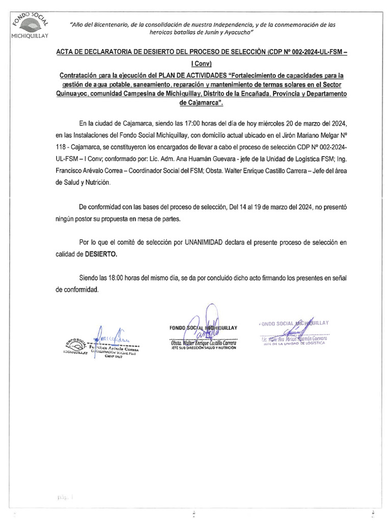 Acta de Resultados - Declaratoria de Desierto | PDF