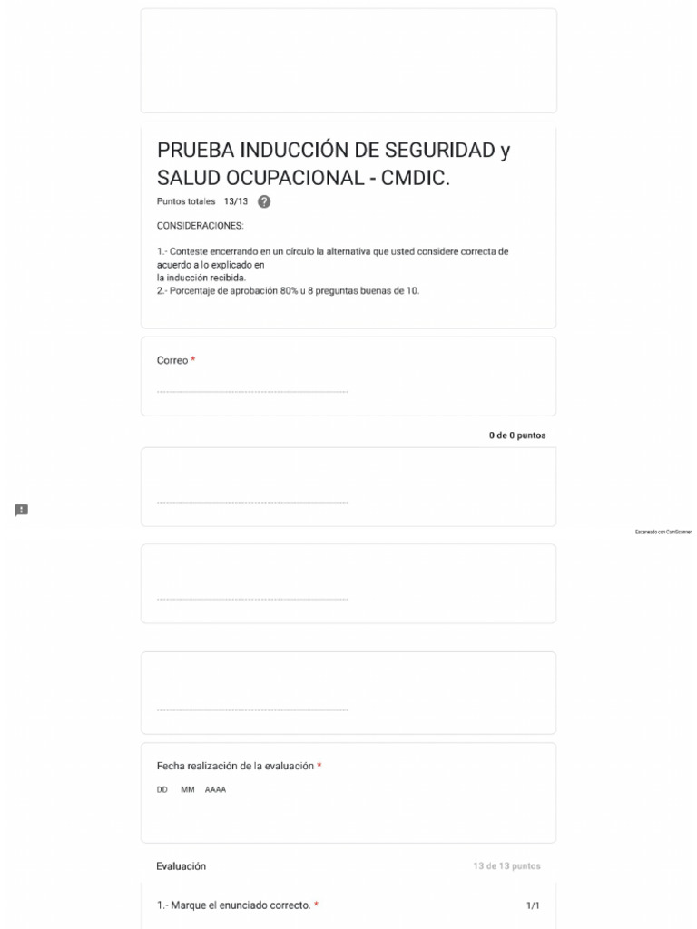 PRUEBA INDUCCIÓN DE SEGURIDAD y SALUD OCUPACIONAL - CMDIC | PDF