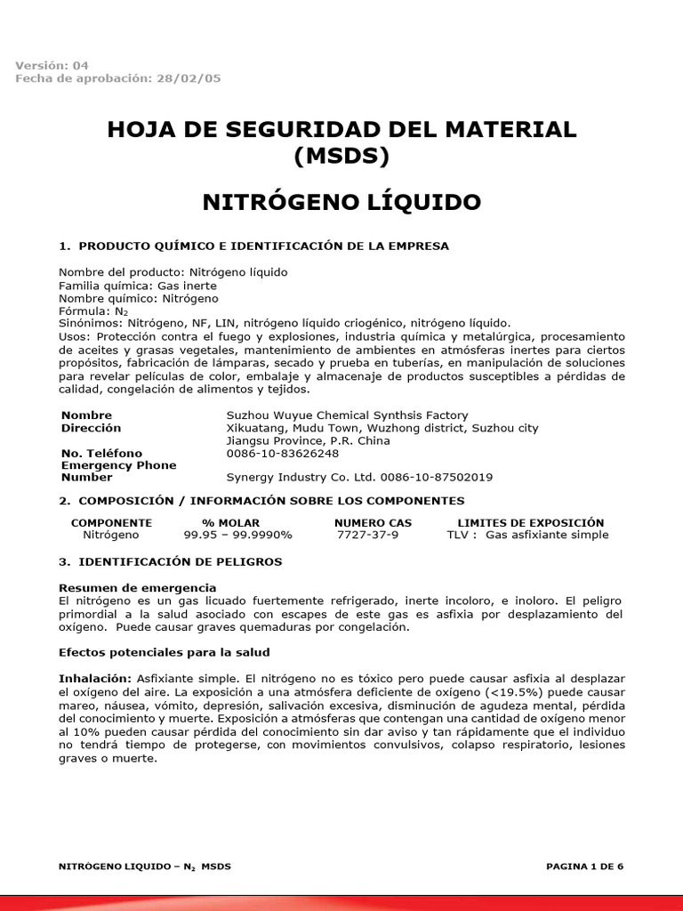 Nitrogeno Liquido MSDS | Descargar gratis PDF | Nitrógeno | Oxígeno