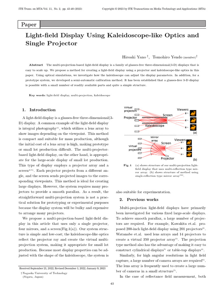Light-Field Display Using Kaleidoscope-Like Optics and Single Projector | PDF | Camera | Pixel