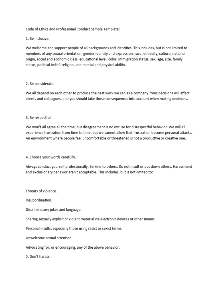 Code of Ethics and Professional Conduct Sample Template | PDF | Sexual ...