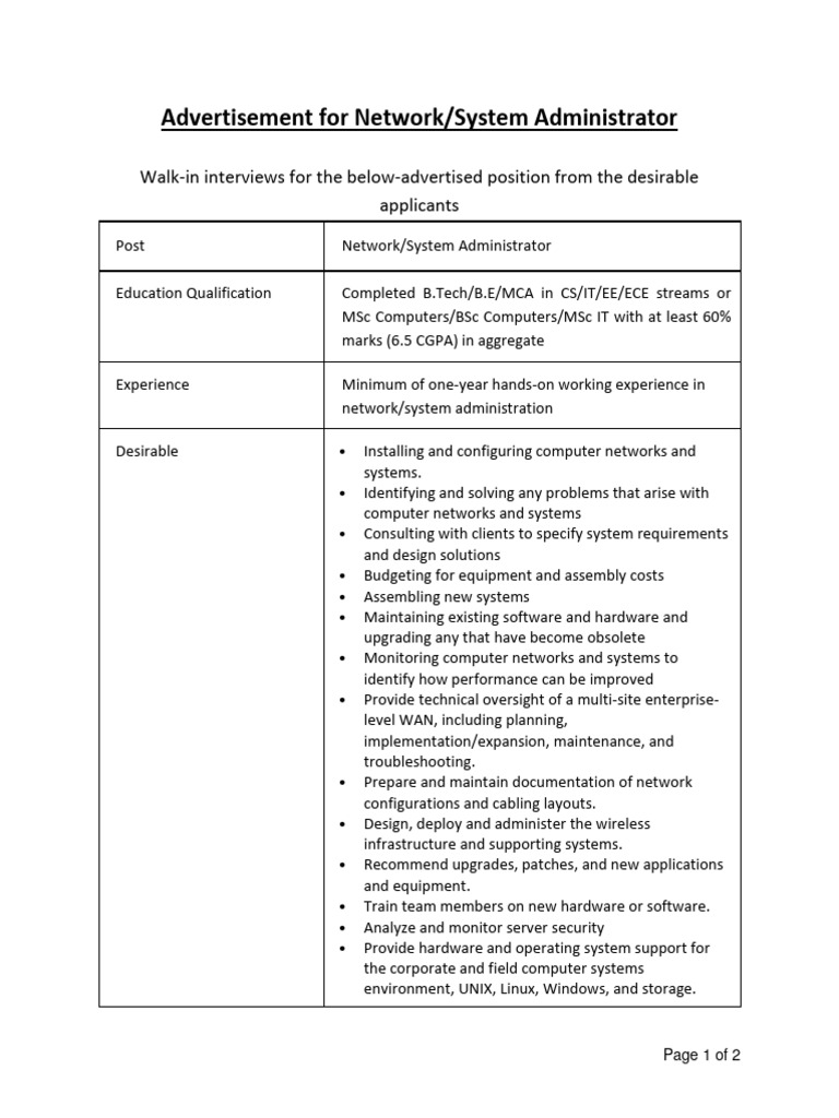 Advertisement For Network Administrator | PDF | Cisco Certifications ...