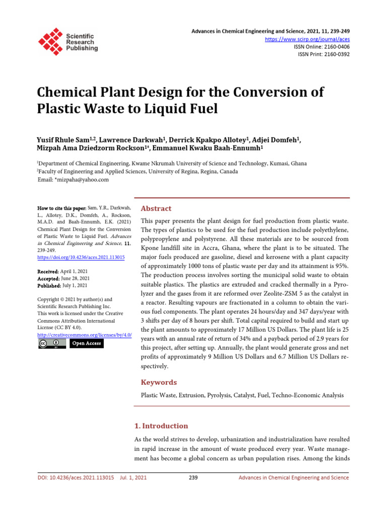Chemical Plant Design For The Conversion of Plasti | PDF | Pyrolysis ...