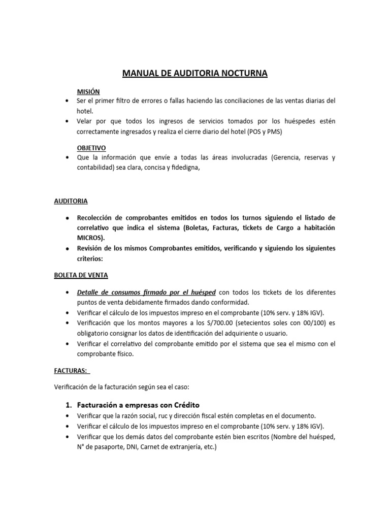 Manual de Auditoria Turno Noche - Recepcion Hotel | PDF | Documento de identidad | Visa Inc.