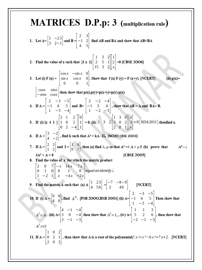 DPP 3 | Download Free PDF | Matrix (Mathematics) | Mathematical Objects