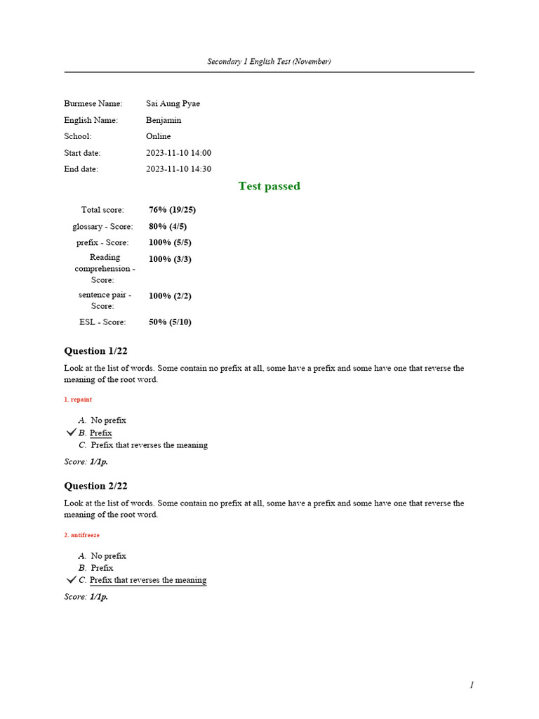 Secondary 1 English Test (November) - Test Answers | PDF | Linguistics ...