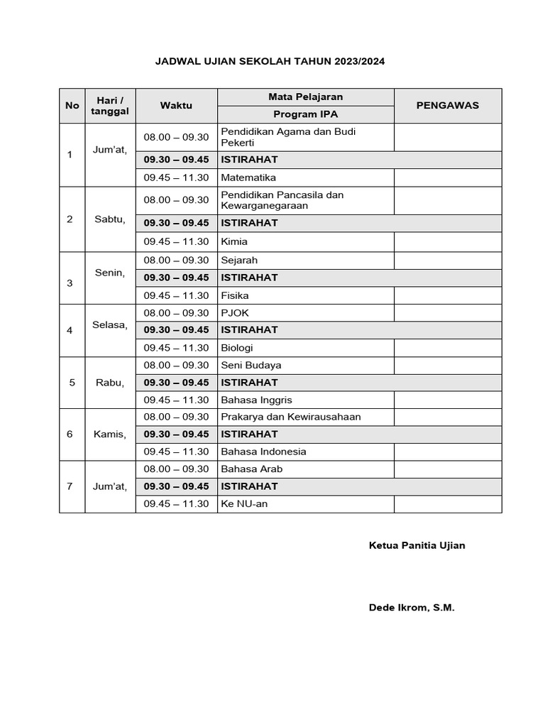 Jadwal Ujian Sekolah Tahun 2024 | PDF