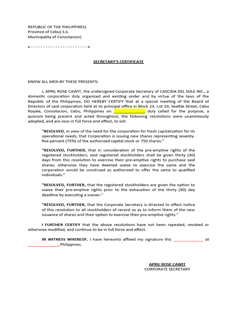 Sec Cert On New Issuance of Shares | PDF