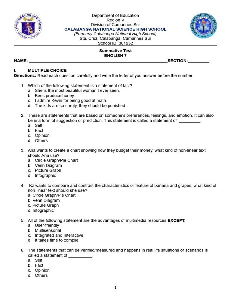 English 7 Summative Test Questions | PDF | World Wide Web | Internet & Web