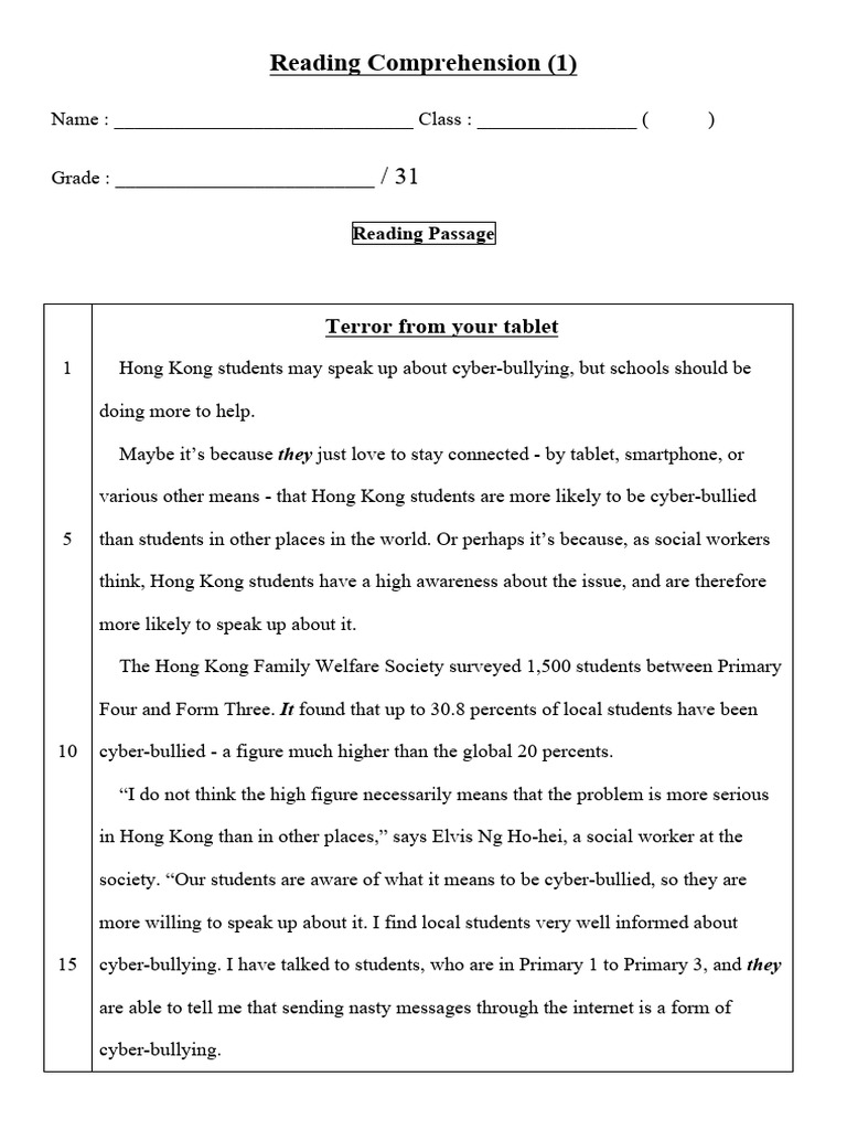 Reading Comprehension (1) (Passage) | PDF | Cyberbullying | Bullying