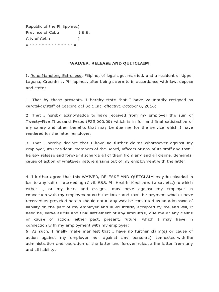 Waiver and Quitclaim of Rene | PDF | Finance & Money Management | Social Science