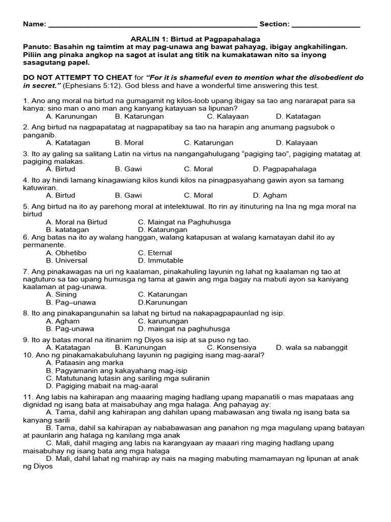 Aralin 1 Birtud Summative Test | PDF