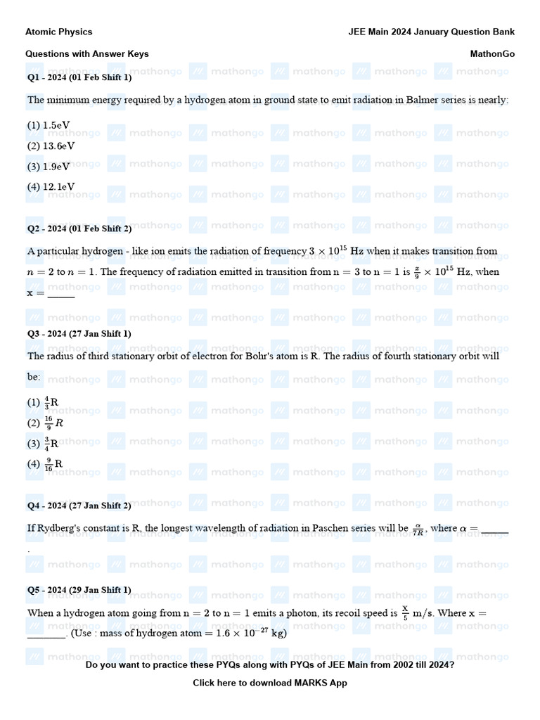 JEE Main 2024 Atomic Physics Questions | PDF | Atomic Physics | Physics