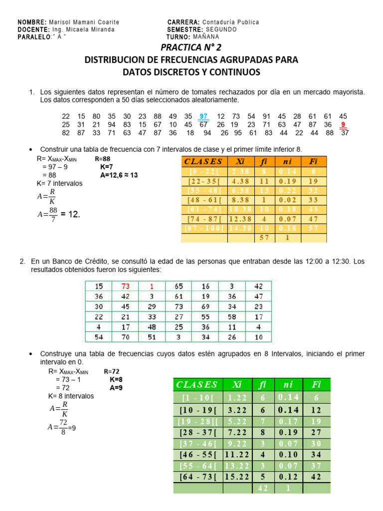 Practica Tablas Agrupadas Datos Discretos y Continuas | PDF