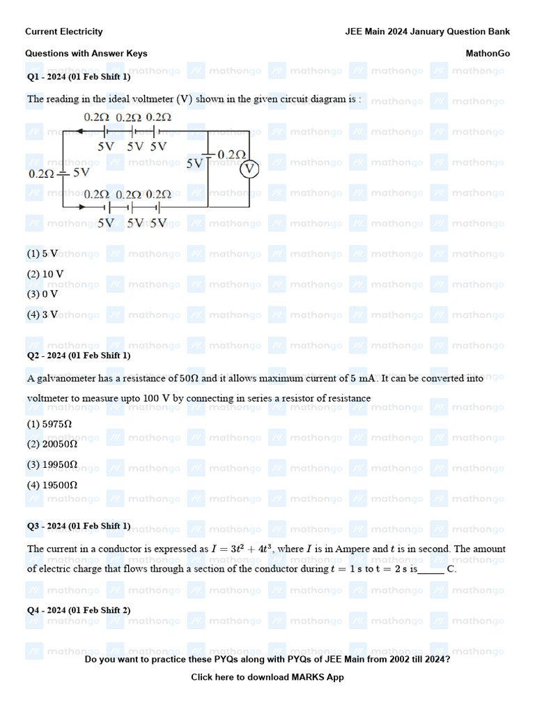 Current Electricity - JEE Main 2024 January Question Bank - MathonGo | PDF | Voltage ...