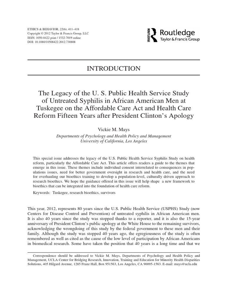The Legacy of the U. S. Public Health Service Study of Untreated ...