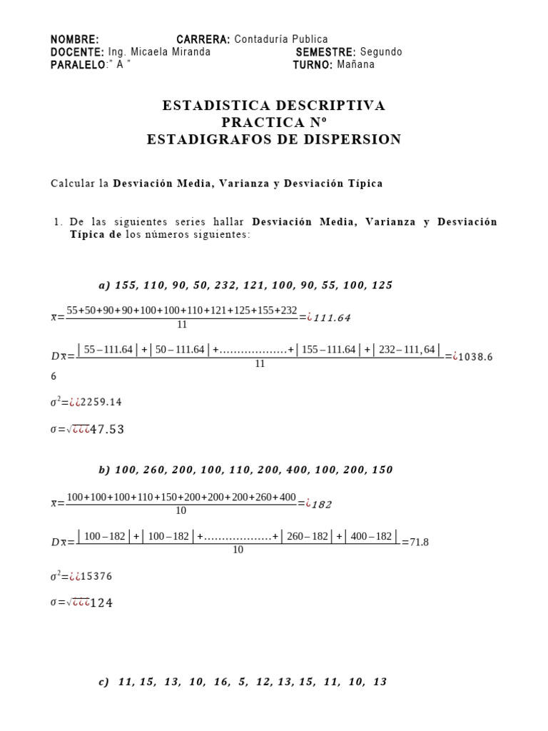 Practica Desviacion Media, Varianza, Desviacion Tipica | PDF | Estadísticas | Estadísticas ...