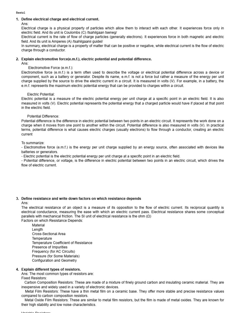 Define Electrical Charge and Electrical Current.: Beeta1 | PDF ...