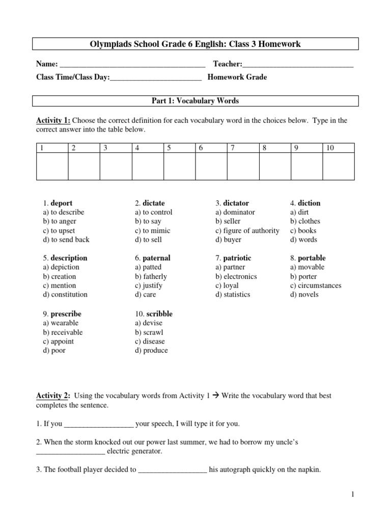 Grade 6 English Homework: Vocabulary & Grammar | PDF | Wright Brothers ...